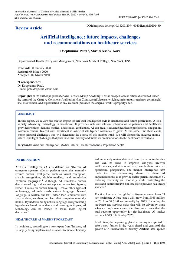 (PDF) Artificial intelligence: future impacts, challenges and recommendations on healthcare services