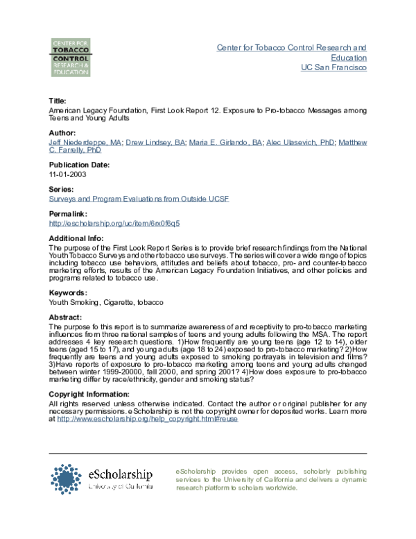 (PDF) American Legacy Foundation, First Look Report 12. Exposure to Pro ...