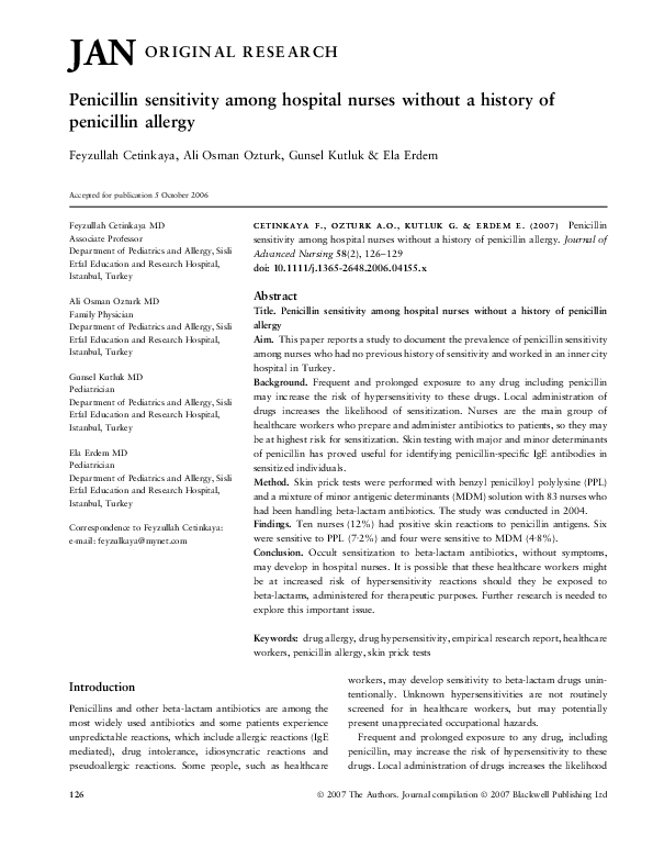 (PDF) Penicillin sensitivity among hospital nurses without a history of ...