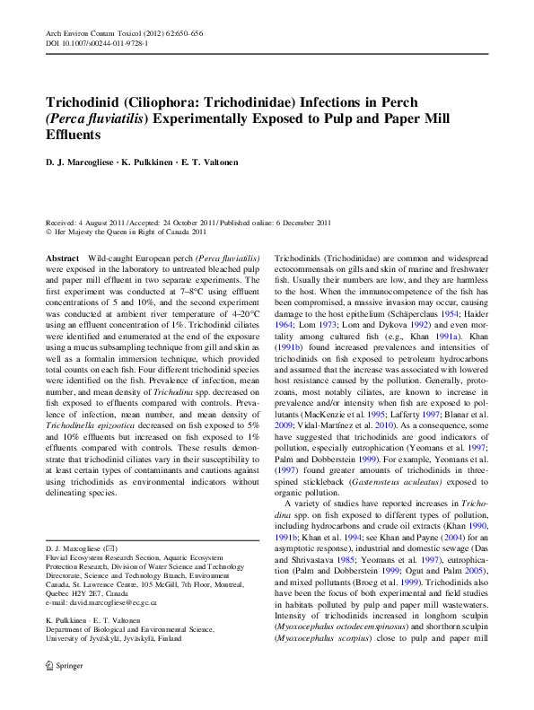 (PDF) Trichodinid (Ciliophora: Trichodinidae) Infections in Perch ...