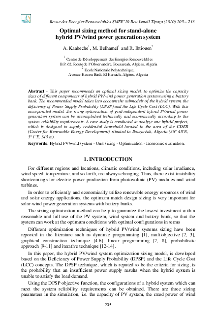 (PDF) Optimal sizing method for stand-alone hybrid PV/wind power generation system