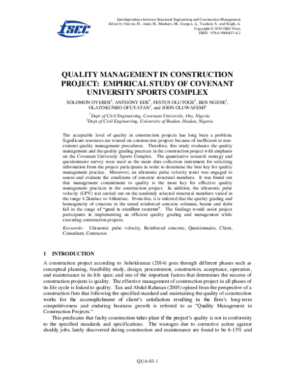 (PDF) Quality Management in Construction Project: Empirical Study of Covenant University Sports ...