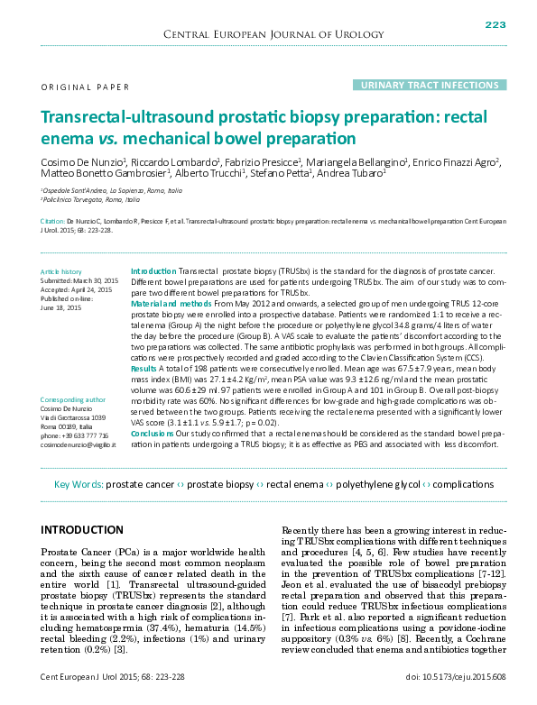 (PDF) Transrectal-ultrasound prostatic biopsy preparati rectal enema vs. mechanical bowel ...