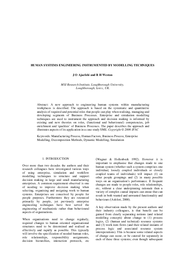 (PDF) Human Systems Engineering Instrumented by Modelling Techniques