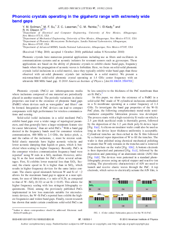 (PDF) Phononic crystals operating in the gigahertz range with extremely wide band gaps