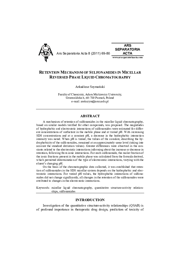 (PDF) Retention mechanism of sulfonamides in micellar reversed phase ...