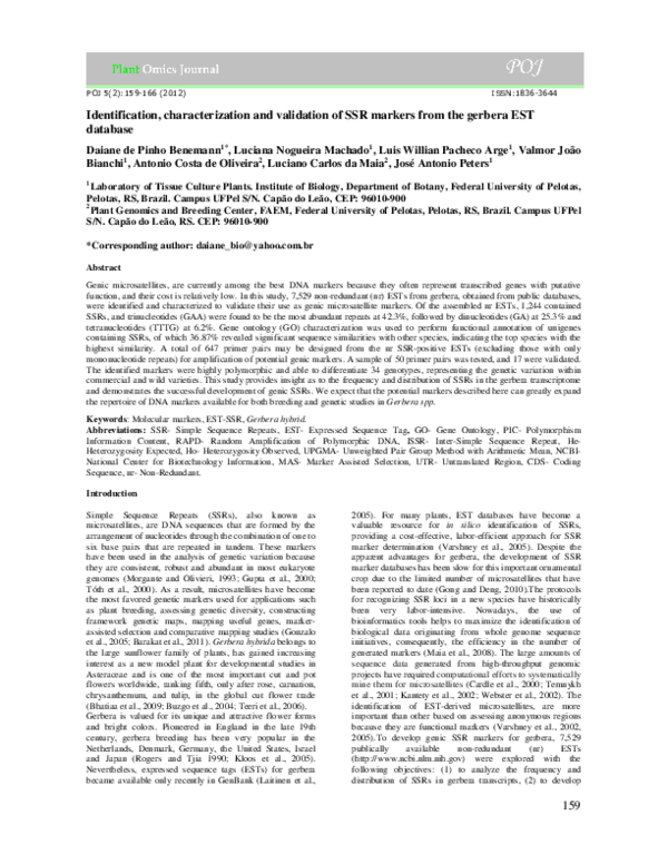 (PDF) Identification, characterization and validation of ssr markers from the gerbera est database