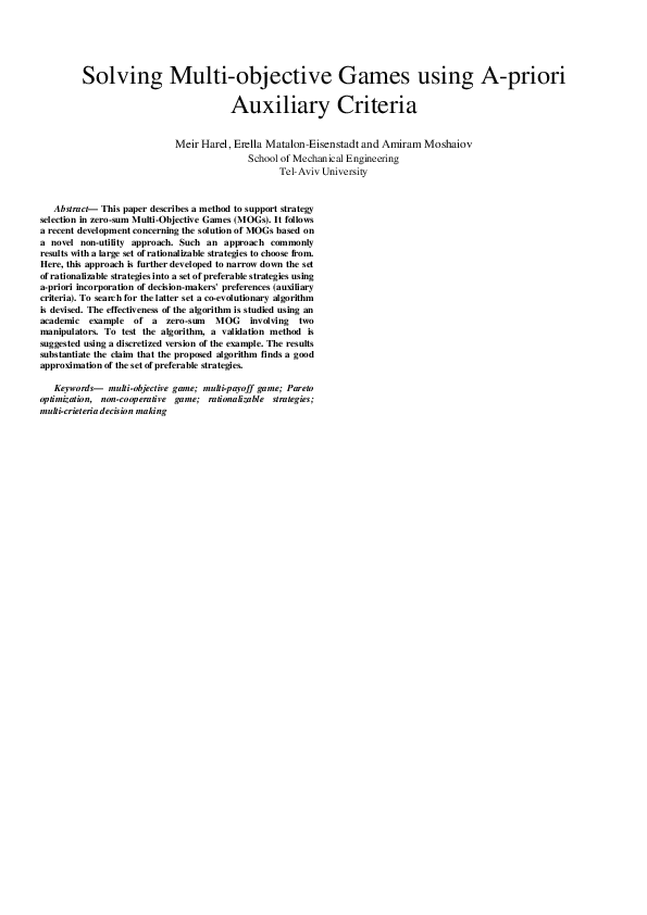 (PDF) Solving Multi-Objective Games using a-priori auxiliary criteria (PDF) Solving Multi-Objective Games using a-priori auxiliary criteria