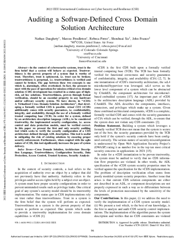 (PDF) Auditing a Software-Defined Cross Domain Solution Architecture
