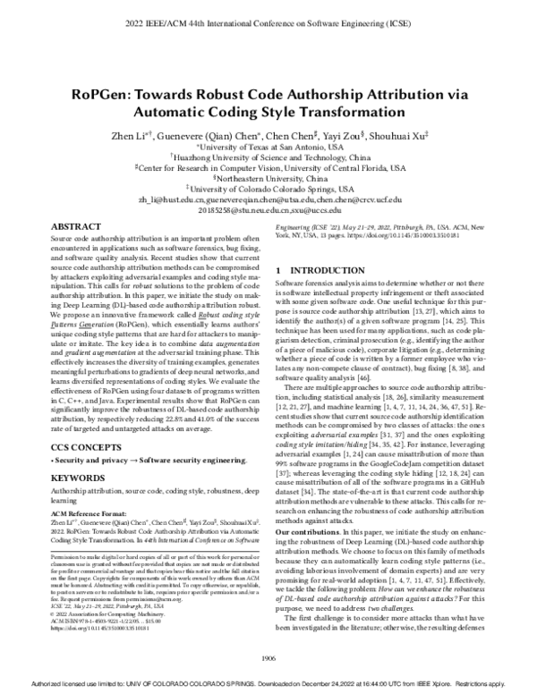 (PDF) RoPGen: Towards Robust Code Authorship Attribution via Automatic Coding Style Transformation