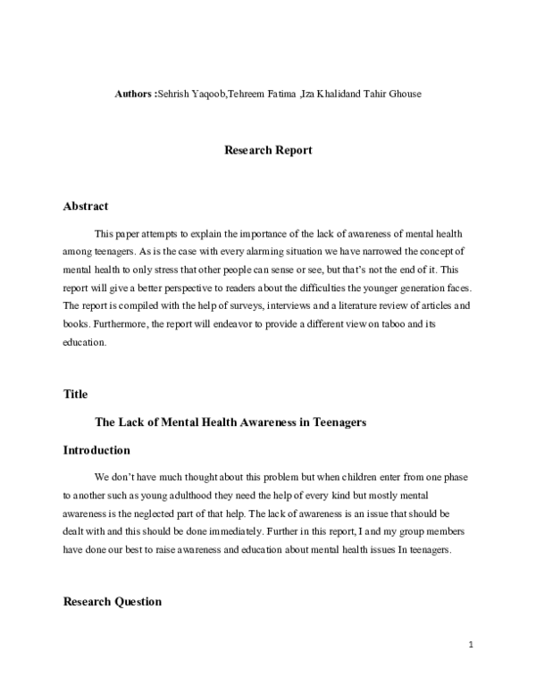 (DOC) Research Report on The lack of mental health awareness in teens