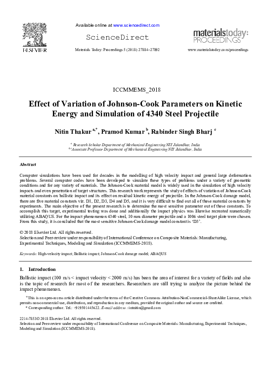 (PDF) Effect of Variation of Johnson-Cook Parameters on Kinetic Energy ...