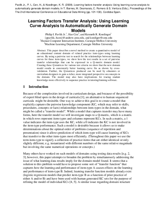 (PDF) Learning factors transfer analysis: Using learning curve analysis ...