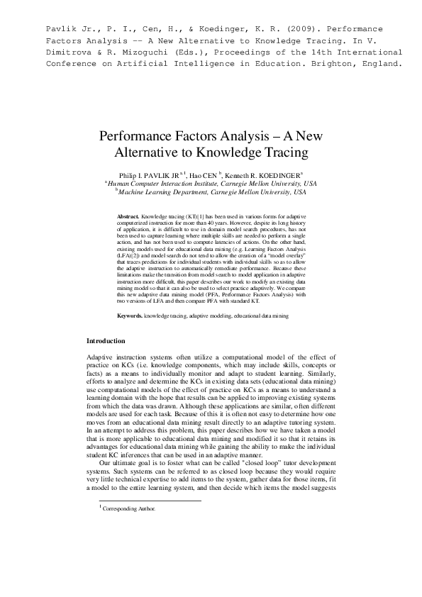 (PDF) Performance Factors Analysis - A New Alternative to Knowledge Tracing