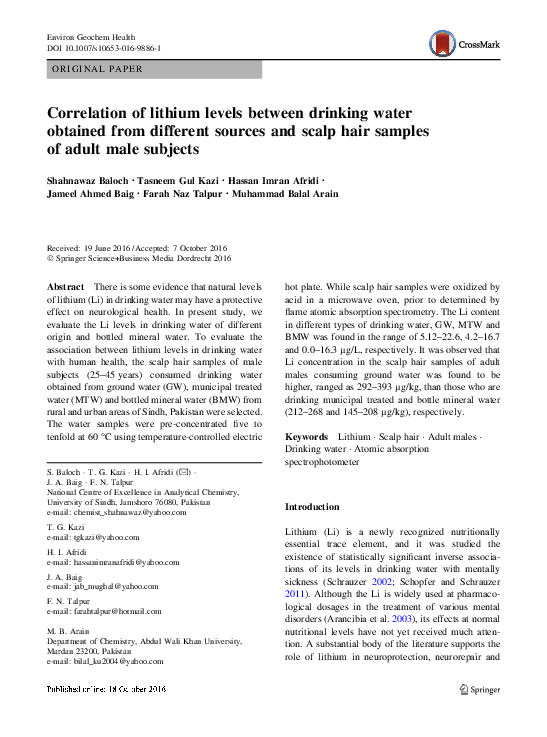 (PDF) Correlation of lithium levels between drinking water obtained ...