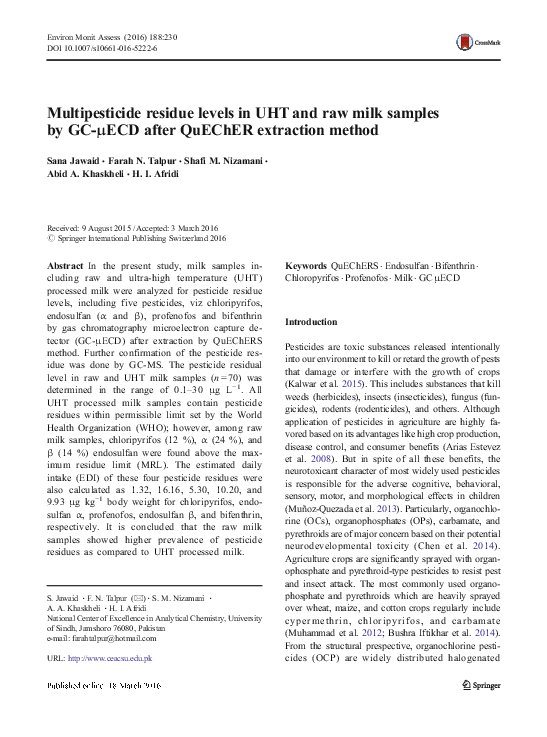 (PDF) Multipesticide residue levels in UHT and raw milk samples by GC-μECD after QuEChER ...