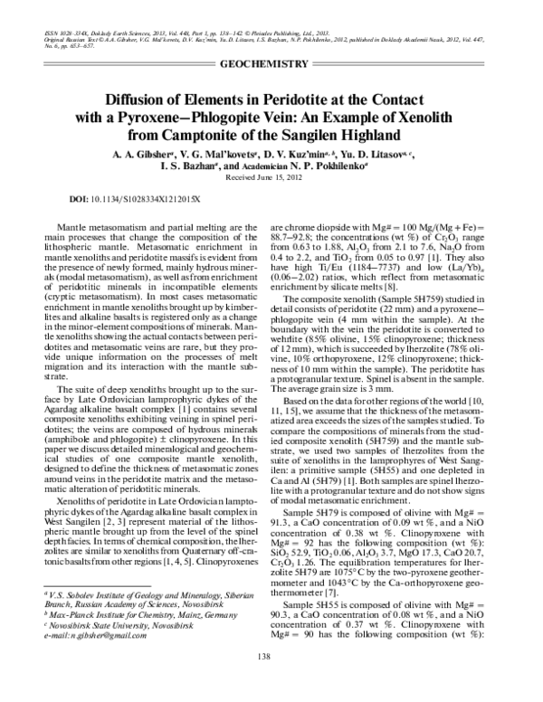 (PDF) Diffusion of elements in peridotite at the contact with a ...