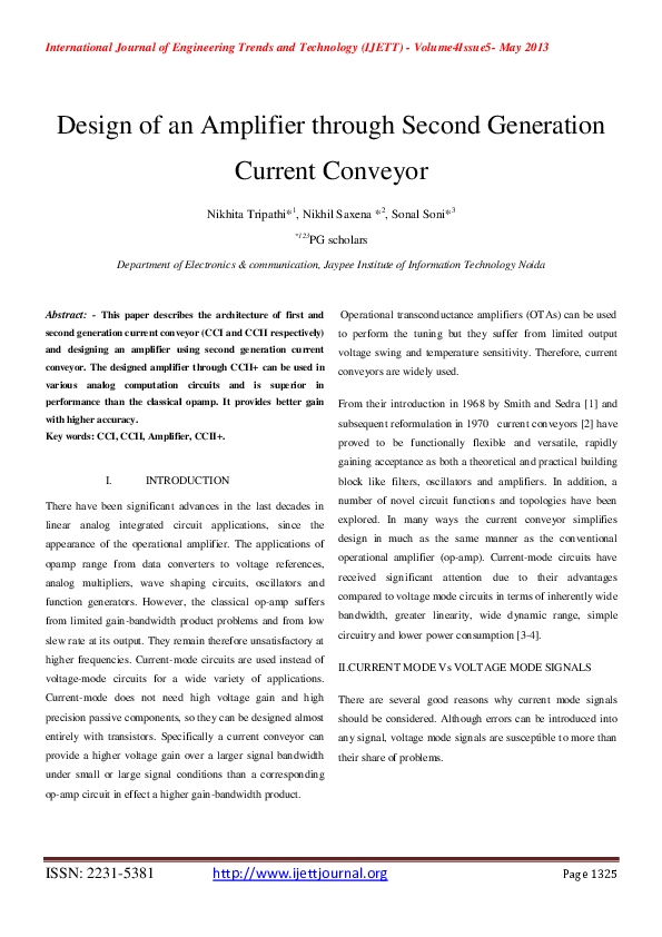 (PDF) Design of an Amplifier through Second Generation Current Conveyor