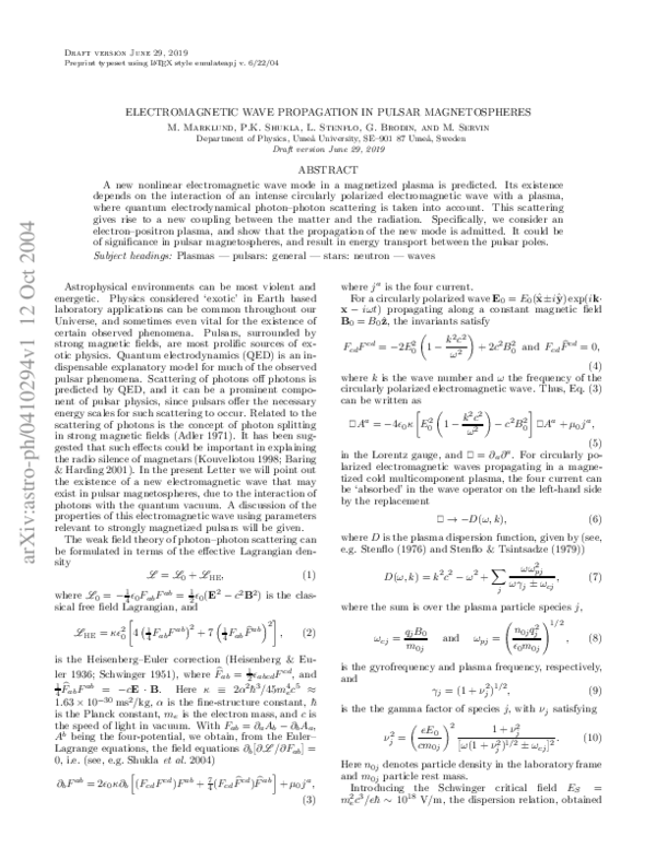 Pdf Electromagnetic Wave Propagation In Pulsar Magnetospheres