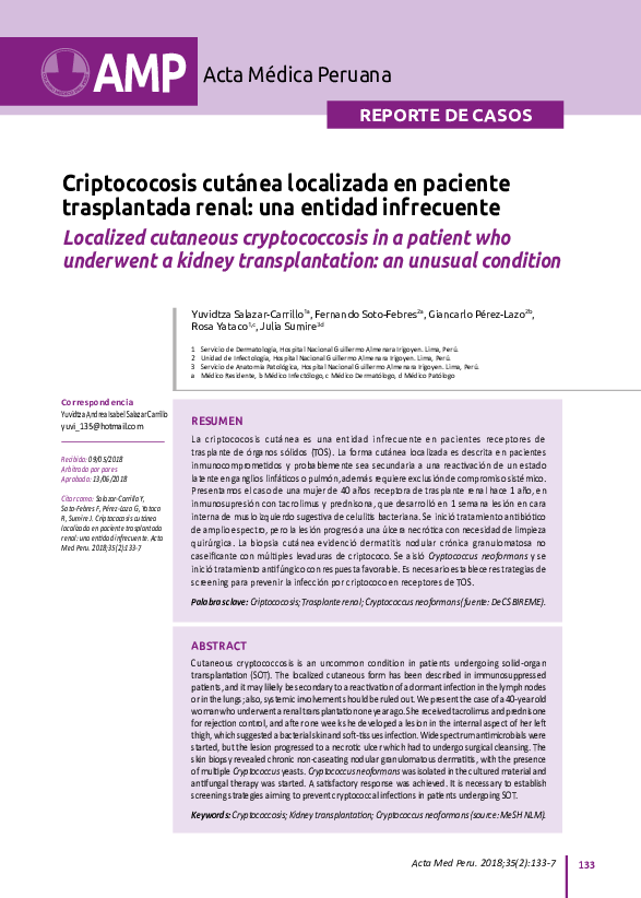 Criptococosis cutánea localizada en paciente trasplantada renal: una entidad infrecuente