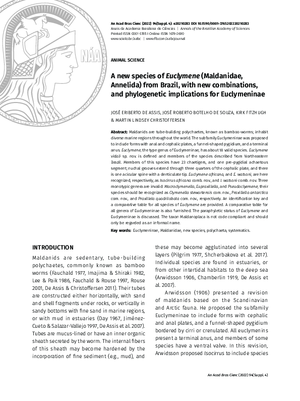 (PDF) A new species of Euclymene (Maldanidae, Annelida) from Brazil ...