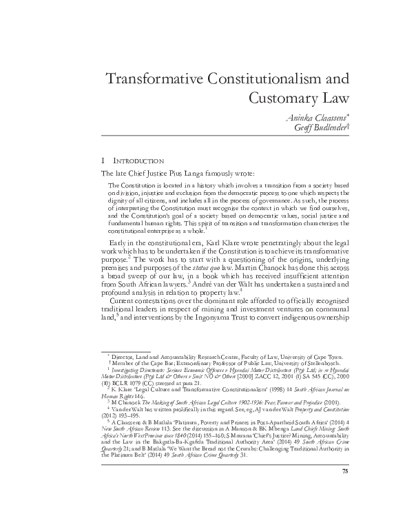 Pdf Transformative Constitutionalism And Customary Law