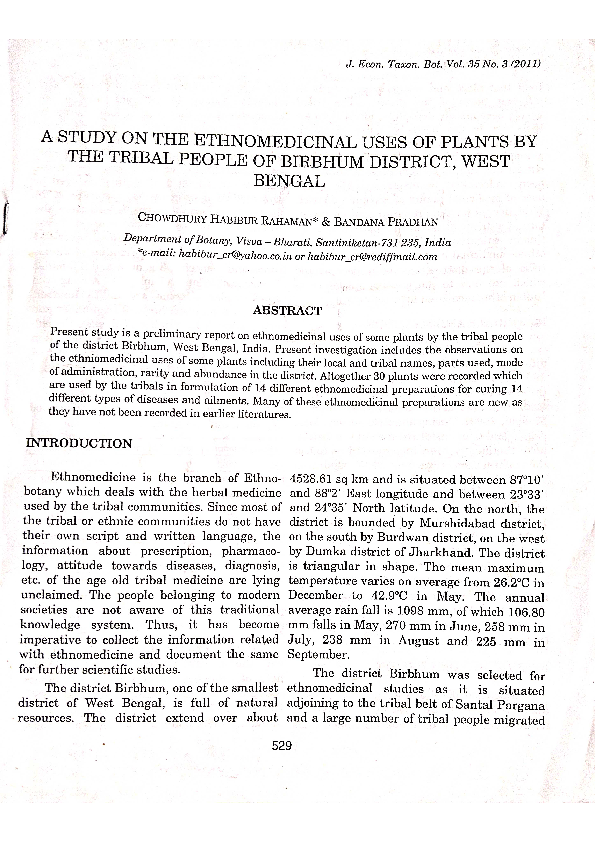 (PDF) A study on ethnomedicinal uses of plants by the tribal people of Birbhum district, West ...