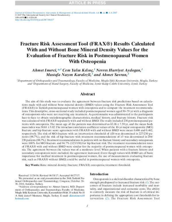 (PDF) Fracture Risk Assessment Tool (FRAX®) Results Calculated With and ...