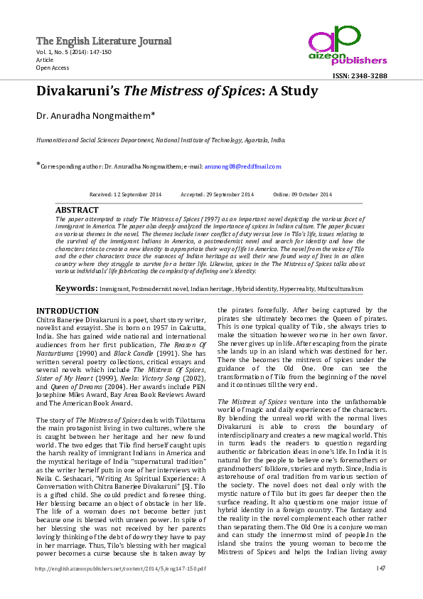 (PDF) Divakaruni's The Mistress of Spices: A Study