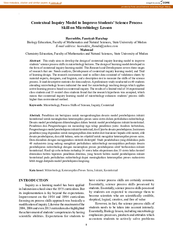(PDF) Contextual Inquiry Model to Improve Students’ Science Process ...