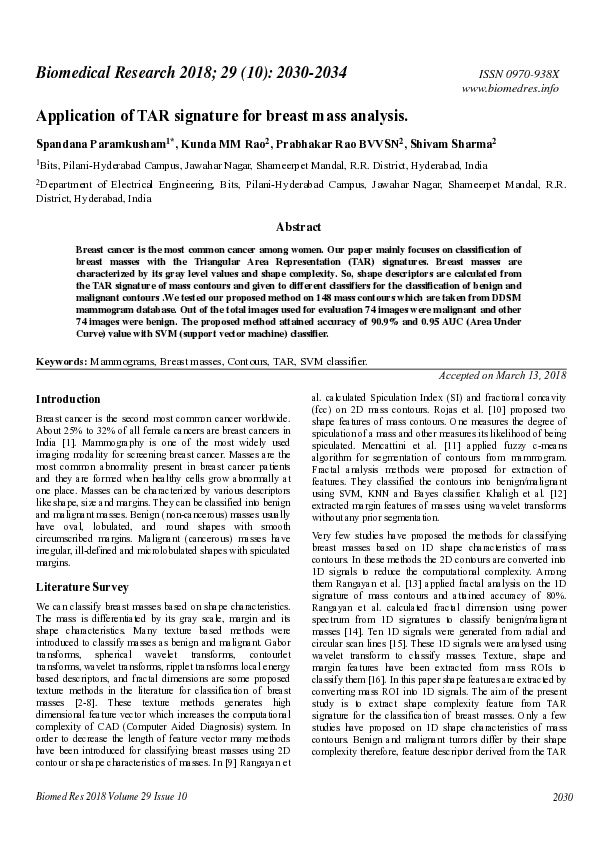 (PDF) Application of TAR signature for breast mass analysis