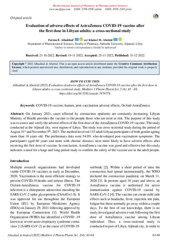 (PDF) Evaluation of adverse effects of AstraZeneca COVID-19 vaccine after the first dose in ...