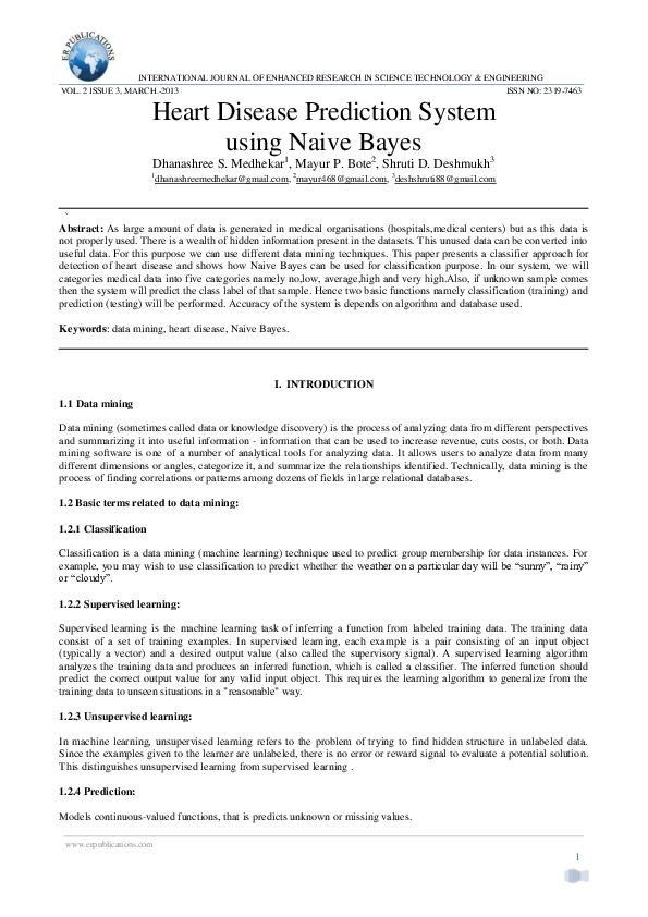 (PDF) Heart Disease Prediction System Using Naïve Bayes