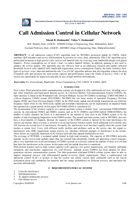 (PDF) Call Admission Control in Cellular Network