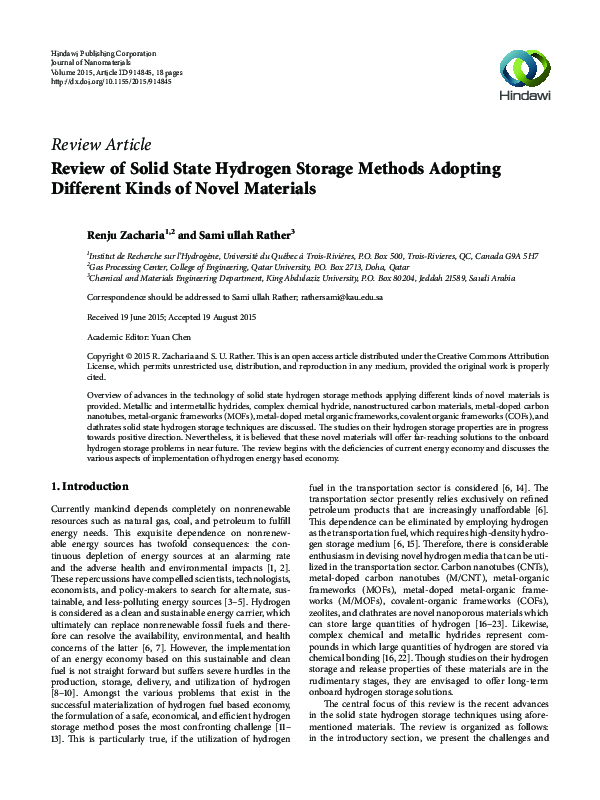 (PDF) Review of Solid State Hydrogen Storage Methods Adopting Different Kinds of Novel Materials