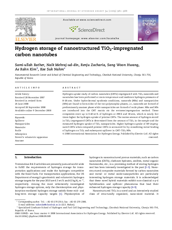 (PDF) Hydrogen storage of nanostructured TiO2-impregnated carbon nanotubes