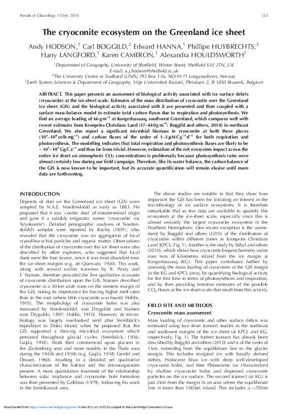 (PDF) The cryoconite ecosystem on the Greenland ice sheet