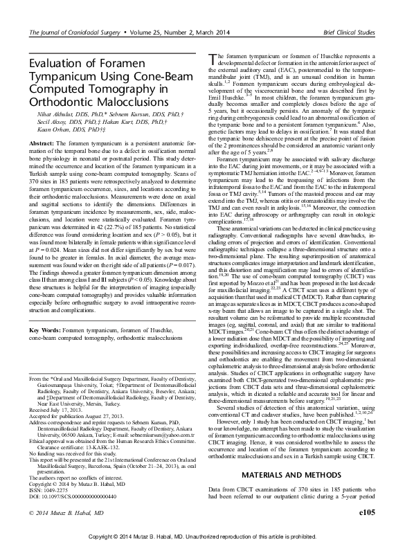 Pdf Evaluation Of Foramen Tympanicum Using Cone Beam Computed Tomography In Orthodontic