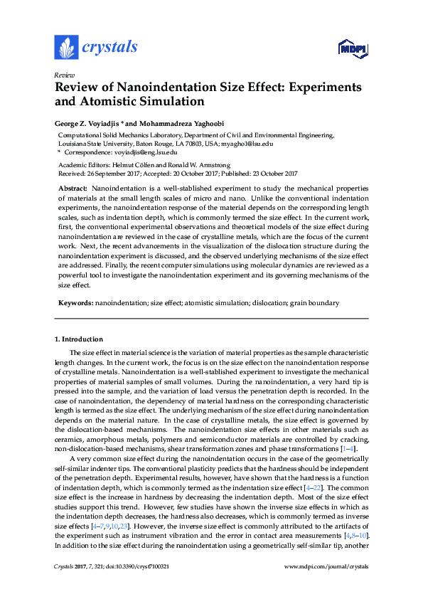 Pdf Review Of Nanoindentation Size Effect Experiments And Atomistic