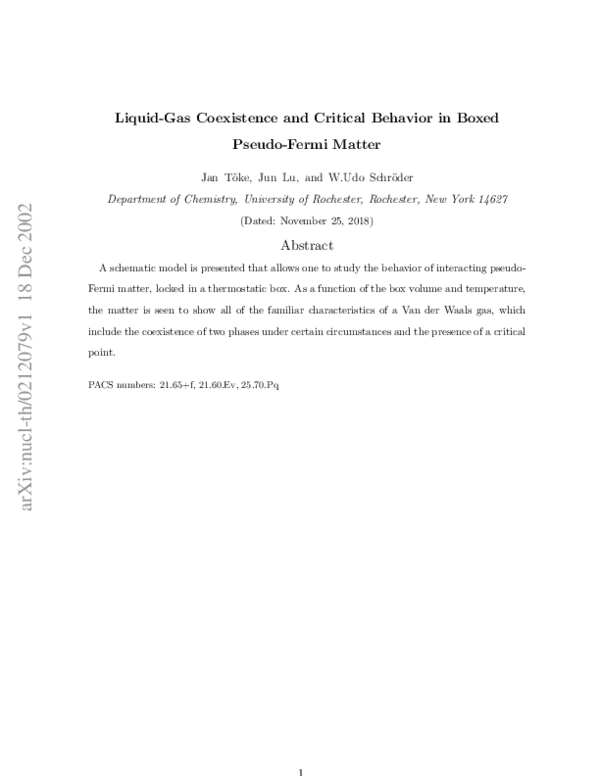 (PDF) Liquid-gas coexistence and critical behavior in boxed neutral, isosymmetric pseudo-Fermi ...