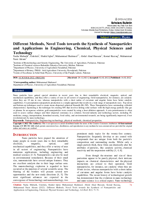 (PDF) Different Methods, Novel Tools towards the Synthesis of Nanoparticles and Applications in ...