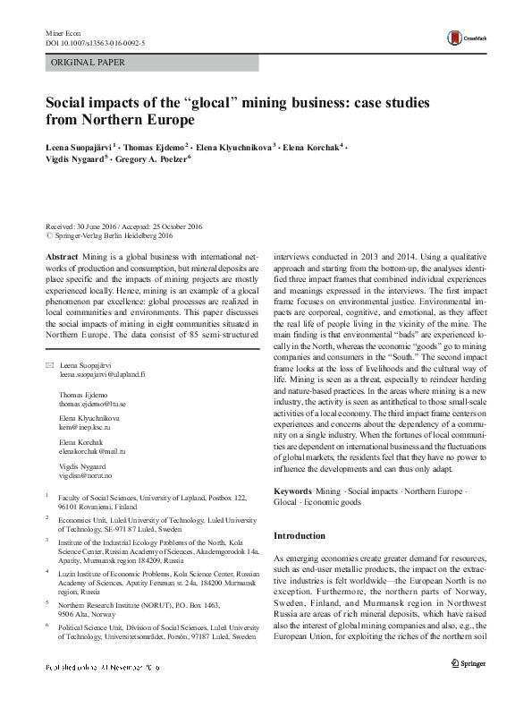 (PDF) Social impacts of the “glocal” mining business: case studies from ...