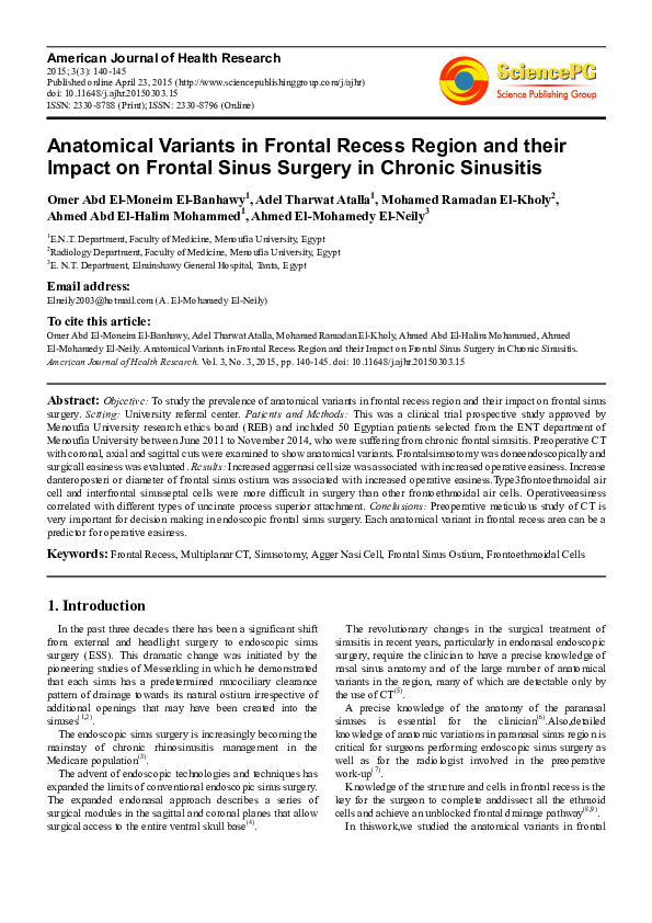 Pdf Anatomical Variants In Frontal Recess Region And Their Impact On Frontal Sinus Surgery In