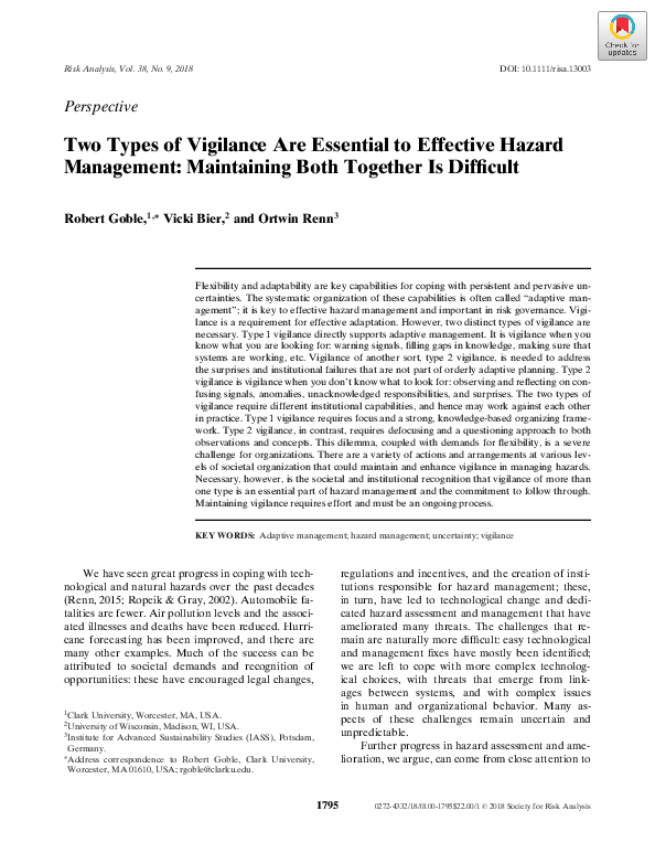 (PDF) Two Types of Vigilance Are Essential to Effective Hazard ...