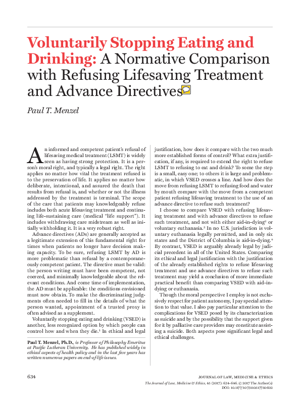 (PDF) Comparing VSED to Refusing Treatment and Advance Directives