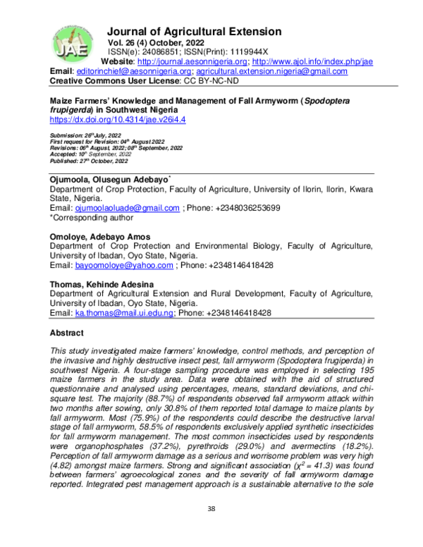 (PDF) Maize farmers’ knowledge and management of fall armyworm (Spodoptera frupigerda) in ...