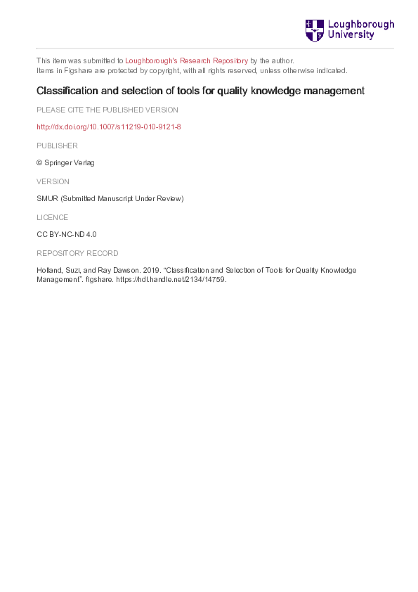 (PDF) Classification and selection of tools for quality knowledge management | suzi holland ...
