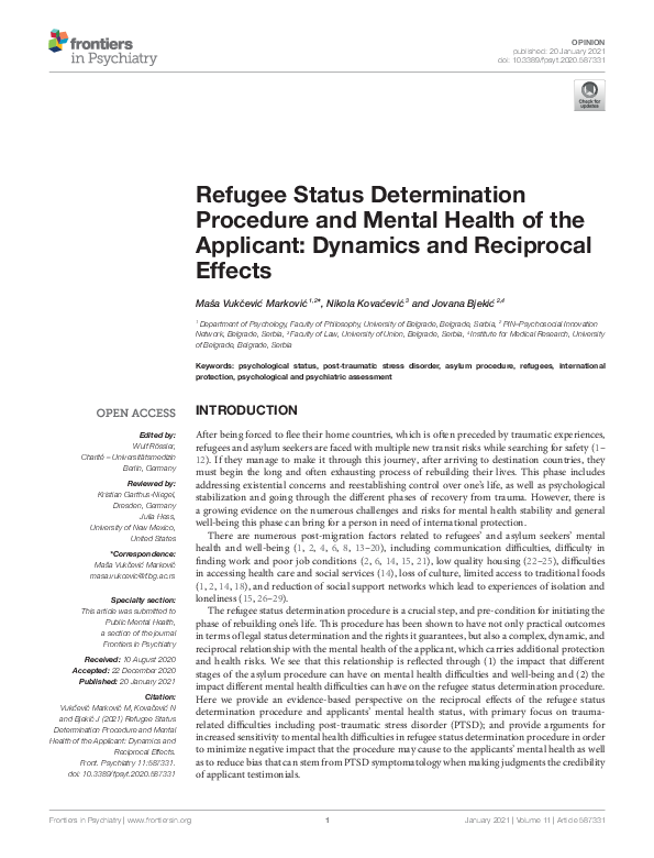 (PDF) Refugee Status Determination Procedure and Mental Health of the ...