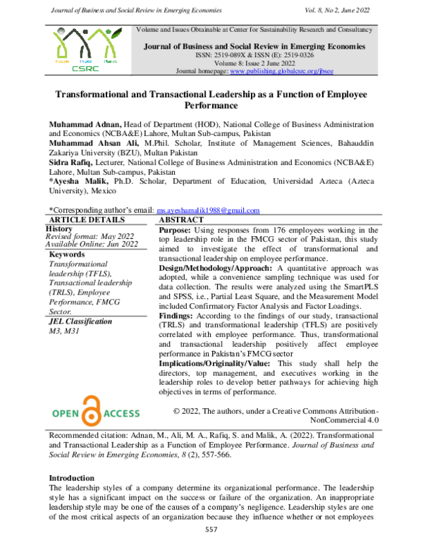 (PDF) Transformational and Transactional Leadership as a Function of Employee Performance