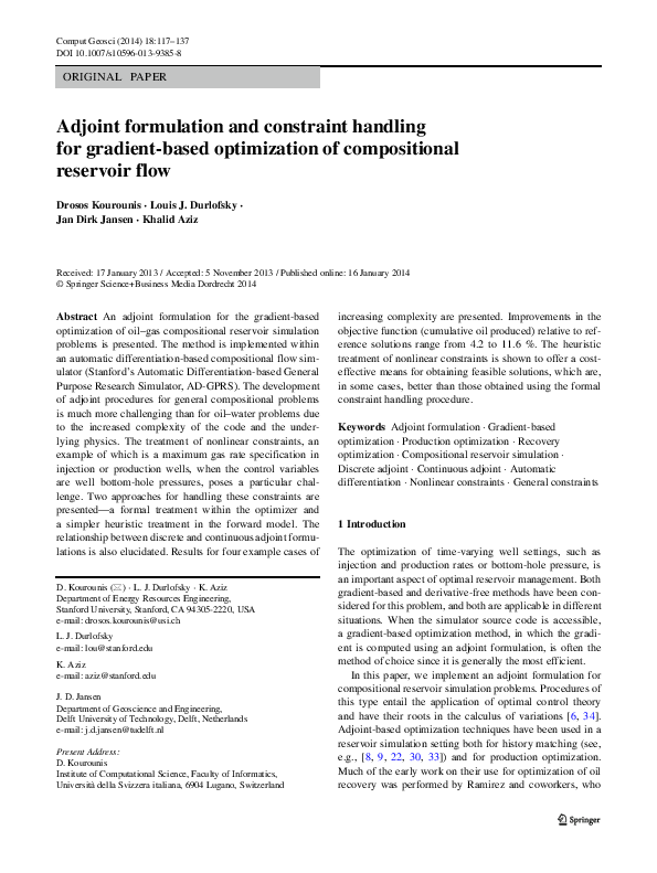 Pdf Adjoint Formulation And Constraint Handling For Gradient Based Optimization Of